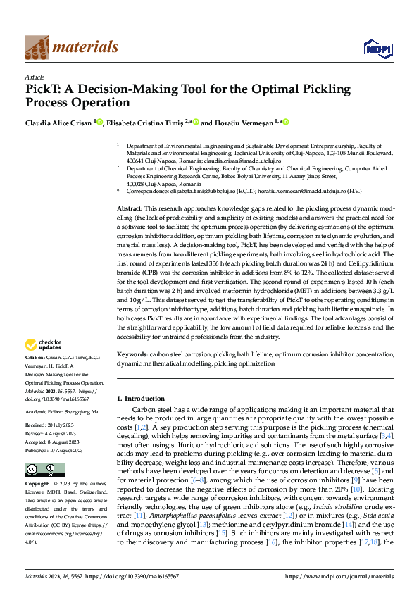 (PDF) PickT: A Decision-Making Tool for the Optimal Pickling Process ...