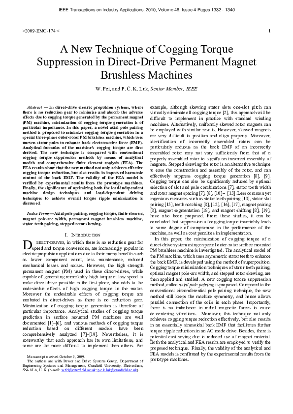 Pdf A New Technique Of Cogging Torque Suppression In Direct Drive Permanent Magnet Brushless