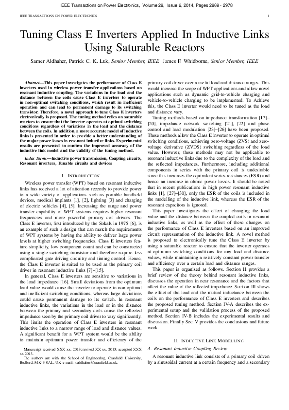 (PDF) Tuning Class E Inverters Applied in Inductive Links Using Saturable Reactors