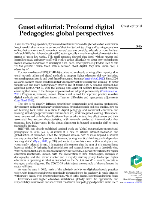 (PDF) Guest editorial: Profound digital Pedagogies: global perspectives