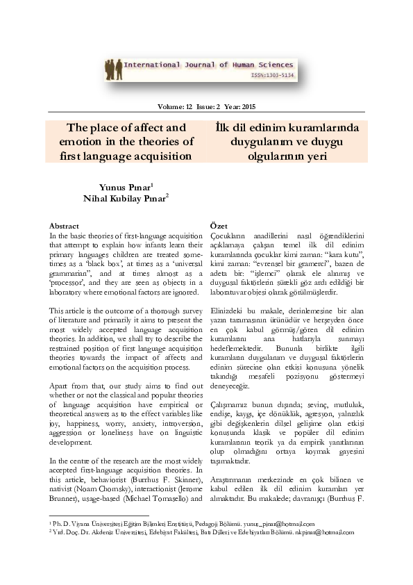 (PDF) The place of affect and emotion in the theories of first language ...