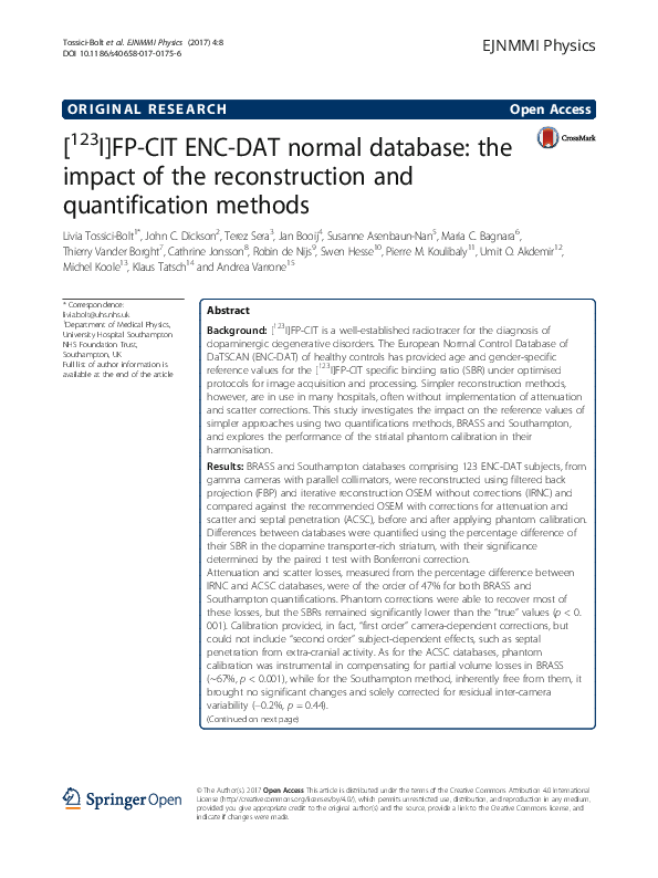 (PDF) [123I]FP-CIT ENC-DAT normal database: the impact of the reconstruction and quantification ...