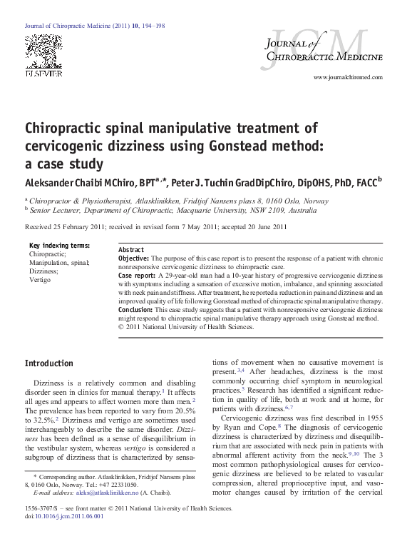 (PDF) Chiropractic spinal manipulative treatment of cervicogenic dizziness using Gonstead method ...