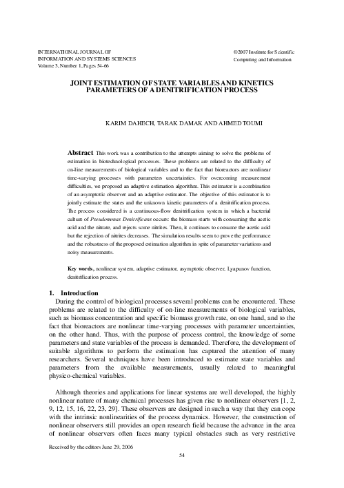 (PDF) Joint Estimation of State Variables and Kinetics Parameters of a Denitrification Process ...