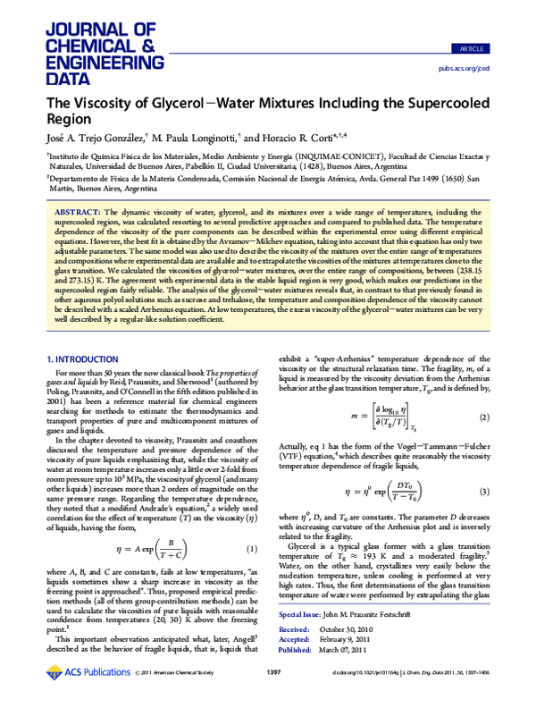 (PDF) The Viscosity of Glycerol−Water Mixtures Including the Supercooled Region | Paula ...
