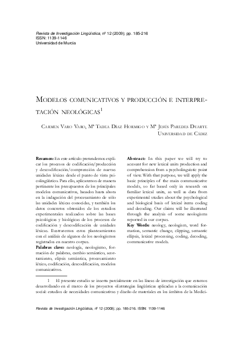 (PDF) Modelos comunicativos y producción e interpretación neológicas
