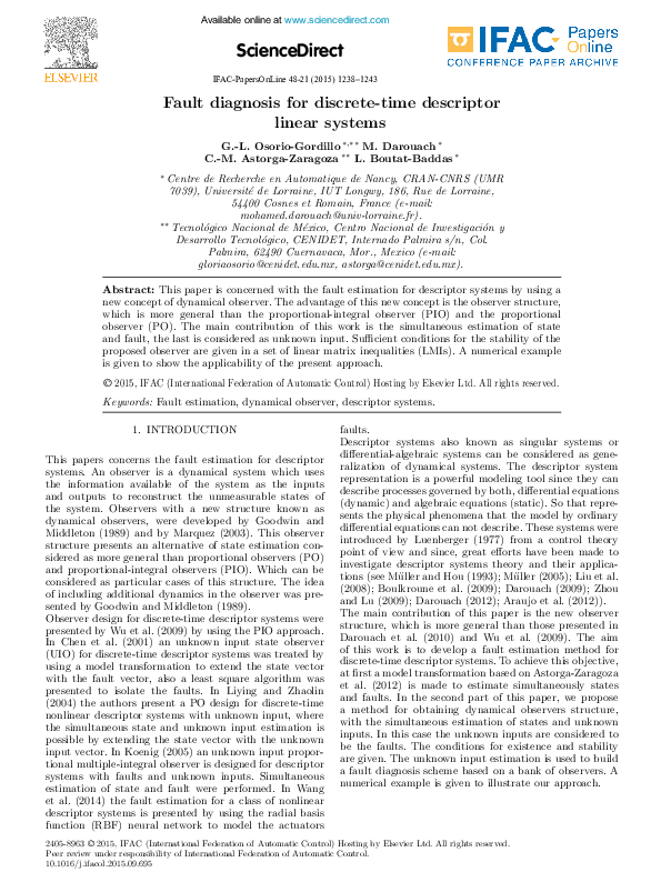 Pdf Fault Diagnosis For Discrete Time Descriptor Linear Systems