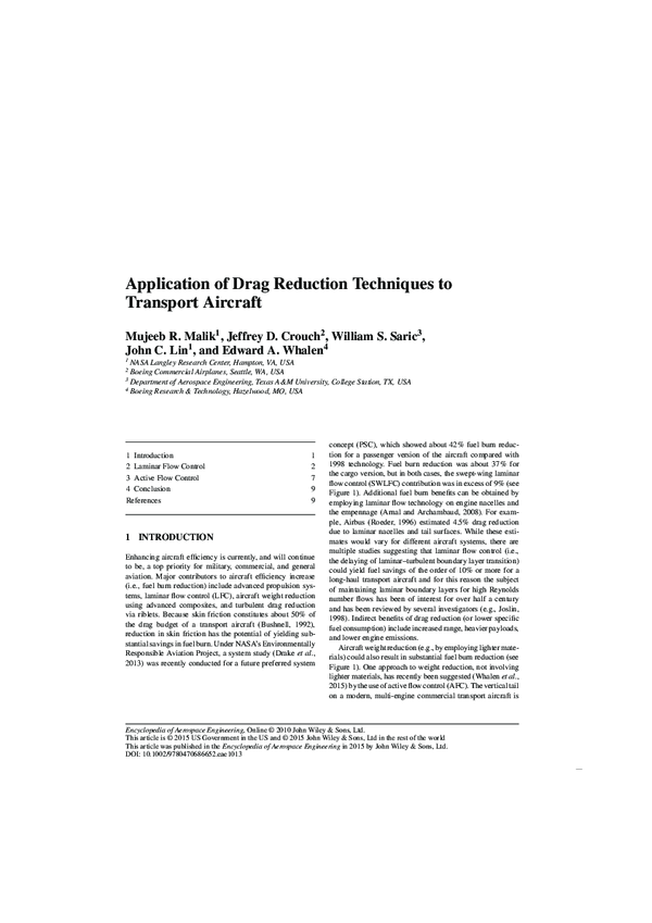Pdf Application Of Drag Reduction Techniques To Transport Aircraft