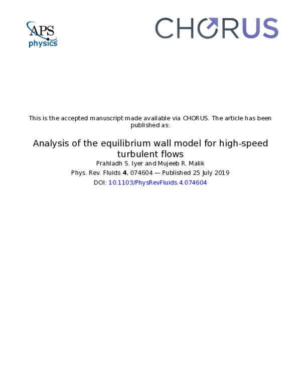 (PDF) Analysis of the equilibrium wall model for high-speed turbulent flows
