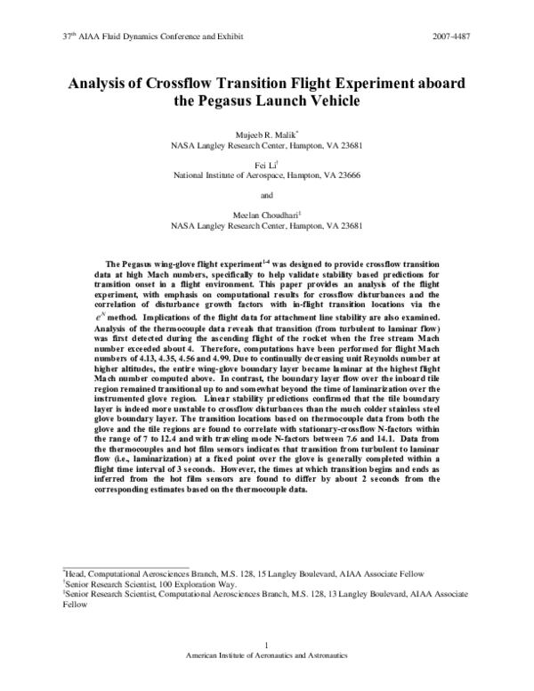 (PDF) Analysis of Crossflow Transition Flight Experiment aboard the Pegasus Launch Vehicle