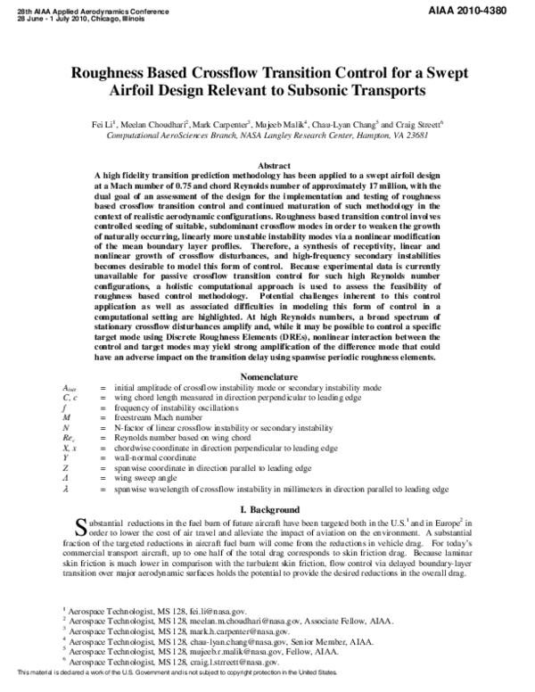 (PDF) Roughness Based Crossflow Transition Control for a Swept Wing ...
