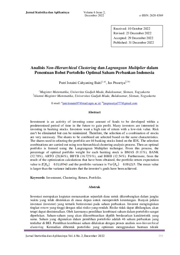 (PDF) Analisis Non-Hierarchical Clustering dan Lagrangean Multiplier dalam Penentuan Bobot ...