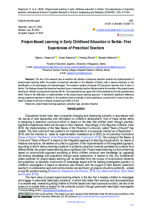 (PDF) Project-Based Learning in Early Childhood Education in Serbia ...