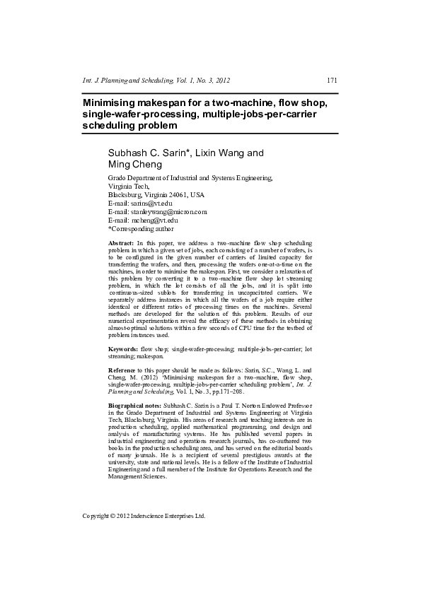 Pdf Minimising Makespan For A Two Machine Flow Shop Single Wafer Processing Multiple Jobs