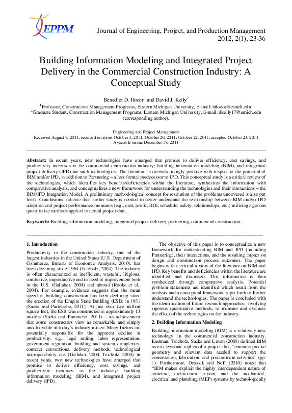 (PDF) Building Information Modeling and Integrated Project Delivery in the Commercial ...