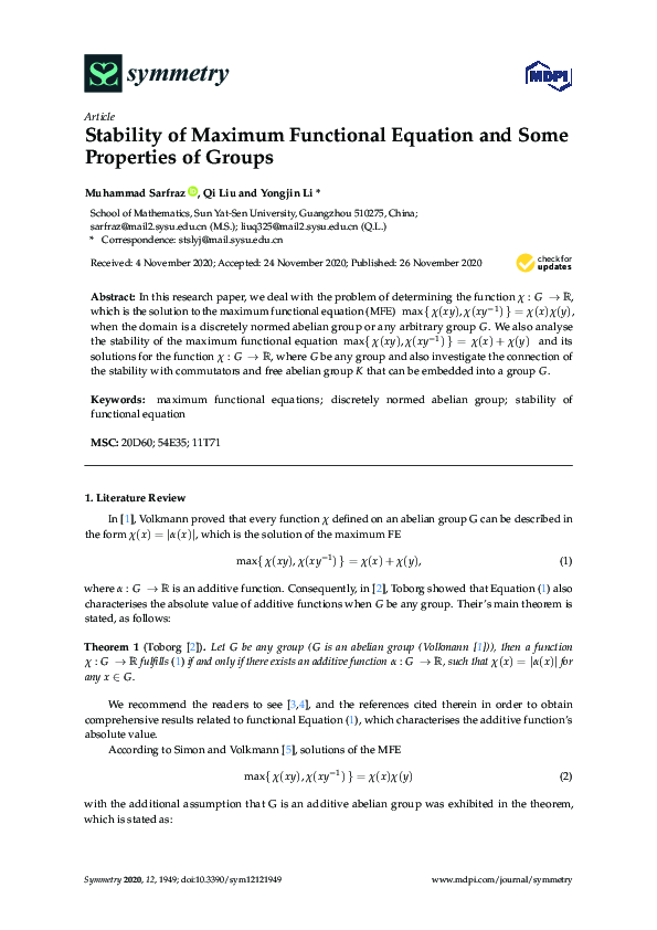 (PDF) Stability of Maximum Functional Equation and Some Properties of Groups
