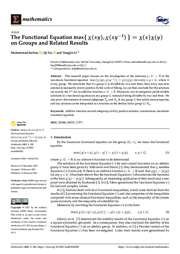 (PDF) The Functional Equation max{χ(xy),χ(xy-1)}=χ(x)χ(y) on Groups and Related Results