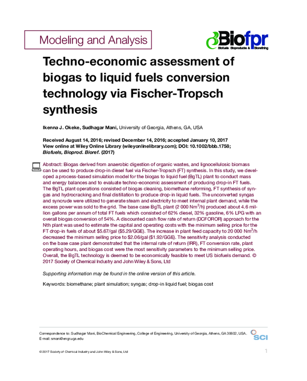 (PDF) Techno‐economic assessment of biogas to liquid fuels conversion technology via Fischer ...