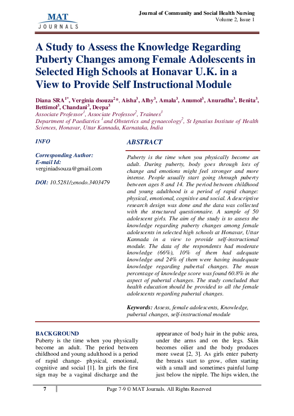 (PDF) A Study to Assess the Knowledge Regarding Puberty Changes among ...