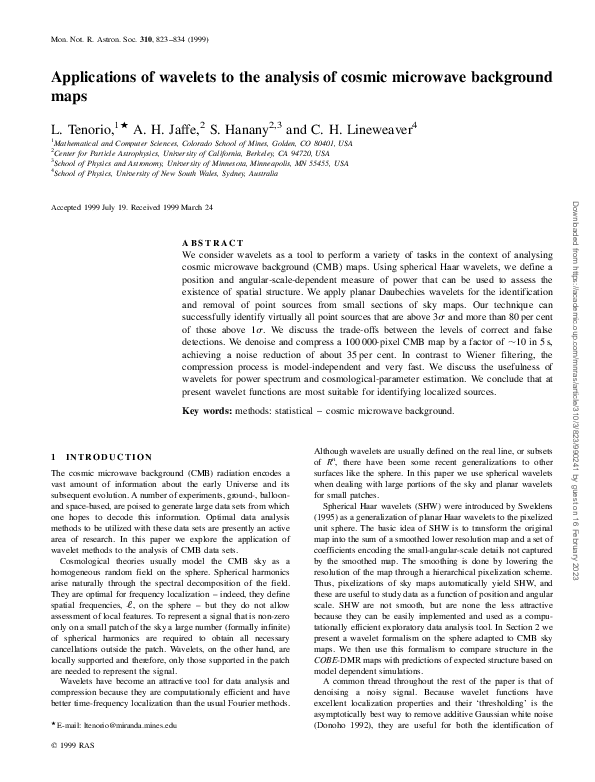 (PDF) Applications of wavelets to the analysis of cosmic microwave background maps | Charles ...