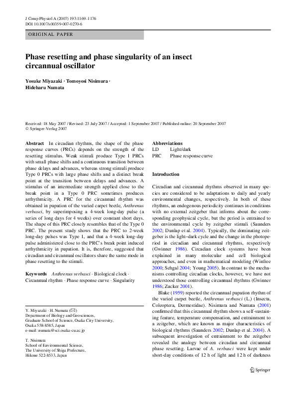 (PDF) Phase resetting and phase singularity of an insect circannual oscillator | Hideharu Numata ...