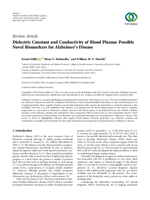 (PDF) Dielectric Constant and Conductivity of Blood Plasma: Possible ...