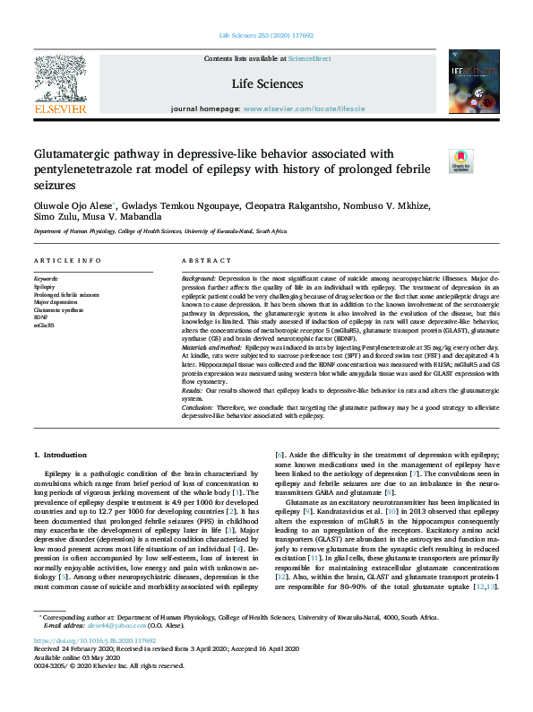 (PDF) Glutamatergic pathway in depressive-like behavior associated with ...