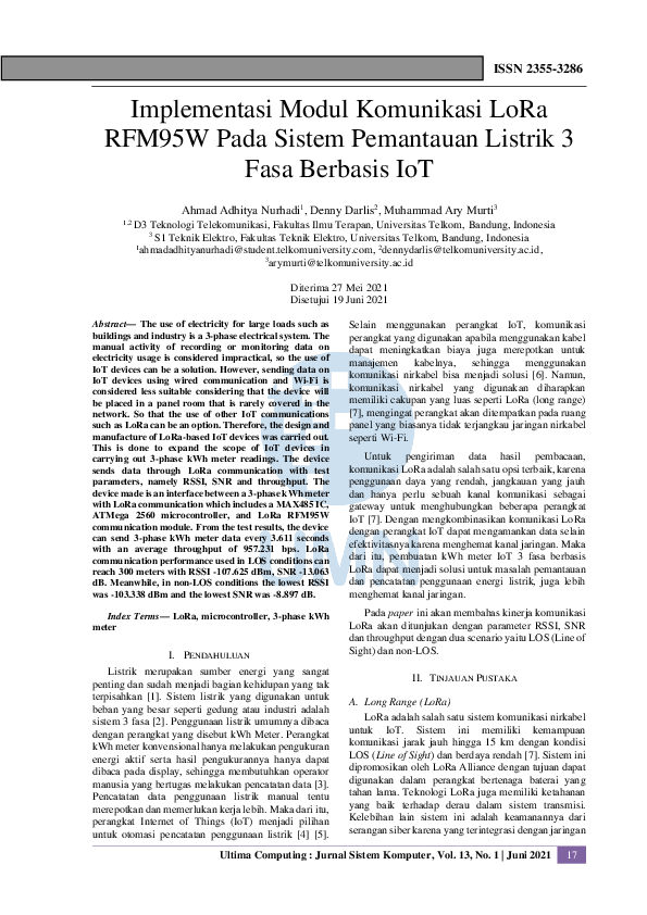 (PDF) Implementasi Modul Komunikasi LoRa RFM95W Pada Sistem Pemantauan Listrik 3 Fasa Berbasis IoT