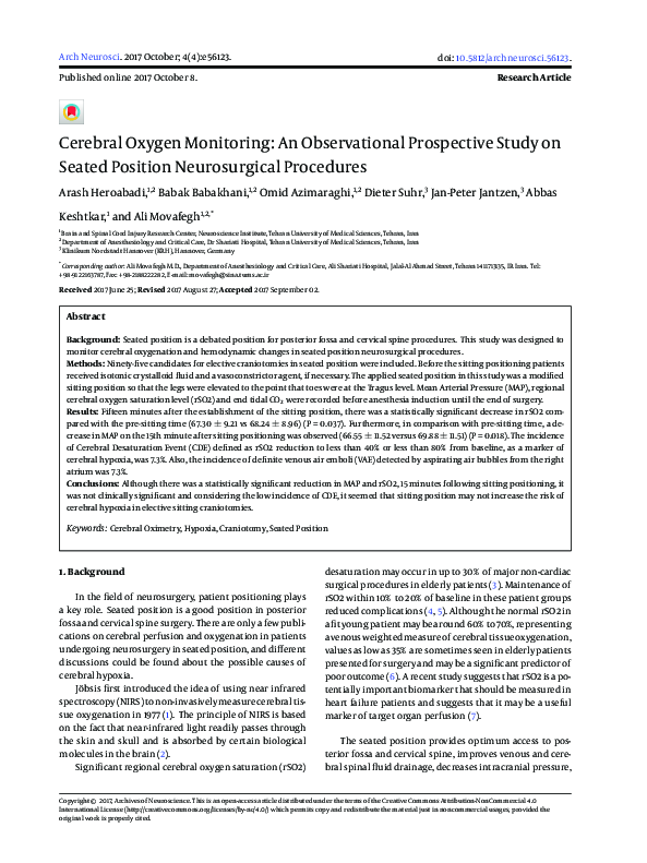 (PDF) Cerebral Oxygen Monitoring: An Observational Prospective Study on Seated Position ...