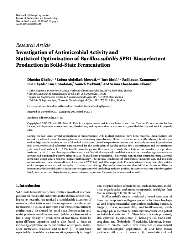 (PDF) Investigation of Antimicrobial Activity and Statistical Optimization of Bacillus subtilis ...