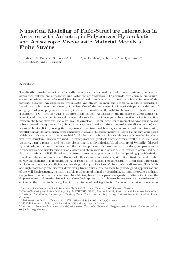 Pdf Numerical Modeling Of Fluid Structure Interaction In Arteries