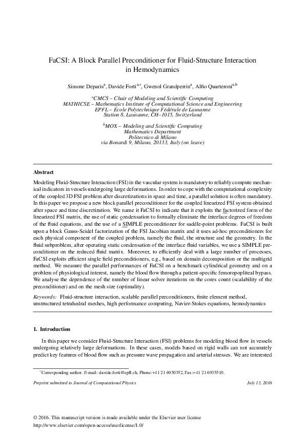 (PDF) FaCSI: A block parallel preconditioner for fluid–structure ...