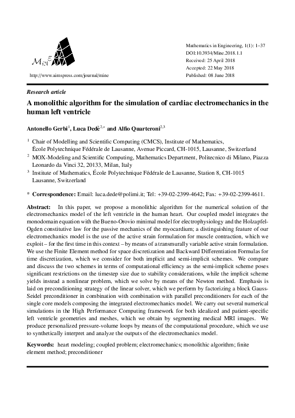 (PDF) A monolithic algorithm for the simulation of cardiac electromechanics in the human left ...