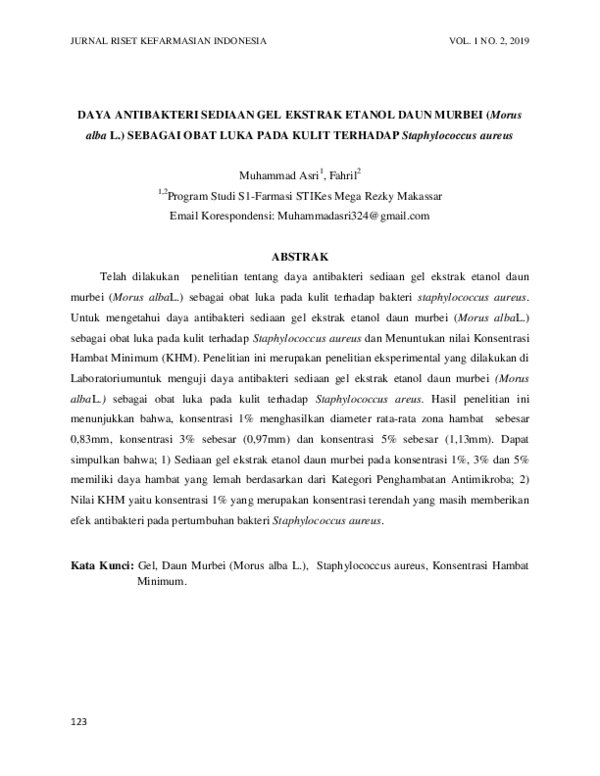 (PDF) DAYA ANTIBAKTERI SEDIAAN GEL EKSTRAK ETANOL DAUN MURBEI (Morus alba L.) SEBAGAI OBAT LUKA ...