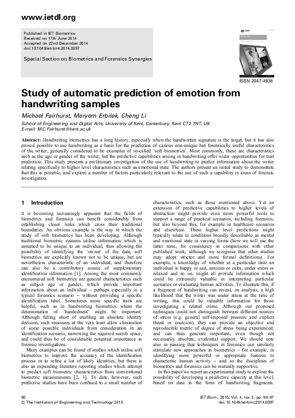 (PDF) Study of automatic prediction of emotion from handwriting samples