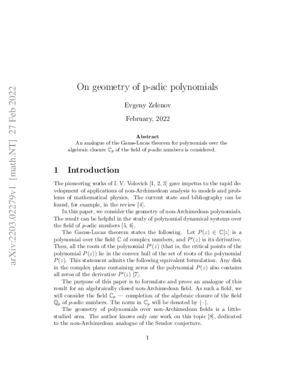 Pdf On Geometry Of P Adic Polynomials