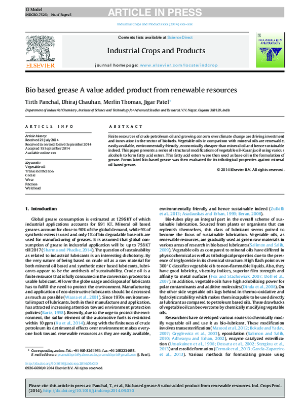 (PDF) Bio based grease A value added product from renewable resources