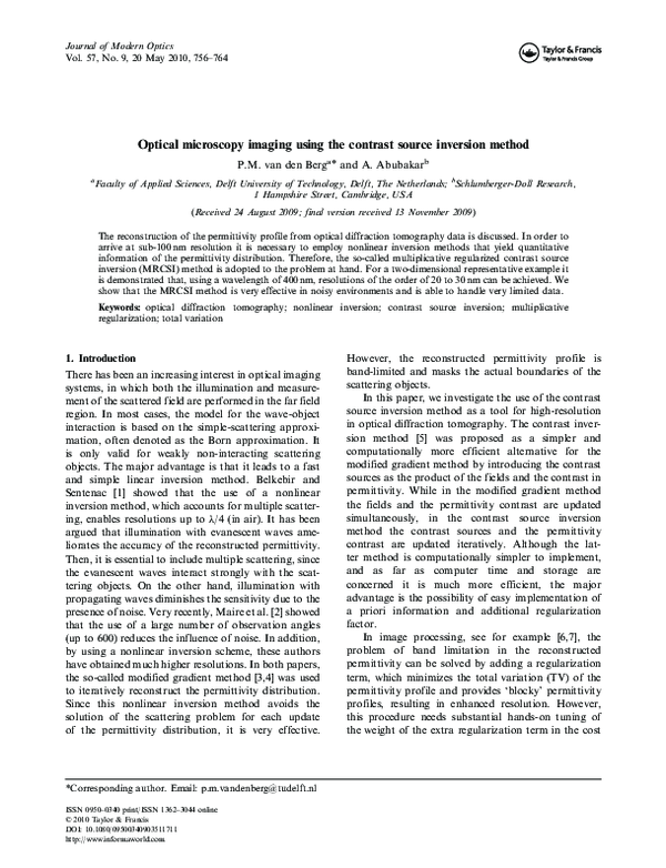 Pdf Optical Microscopy Imaging Using The Contrast Source Inversion Method 