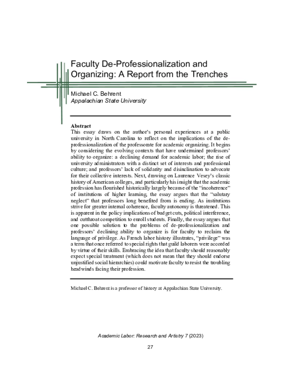 (PDF) Faculty De-Professionalization and Organizing: A Report from the ...
