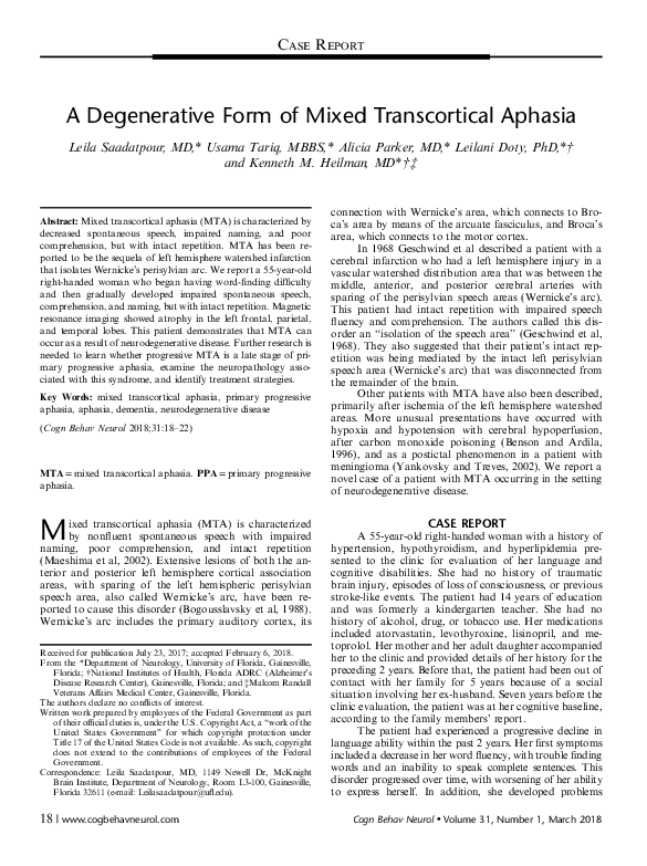 (PDF) A Degenerative Form of Mixed Transcortical Aphasia