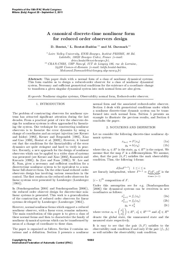 (PDF) A canonical discrete-time nonlinear form for reduced order observers design