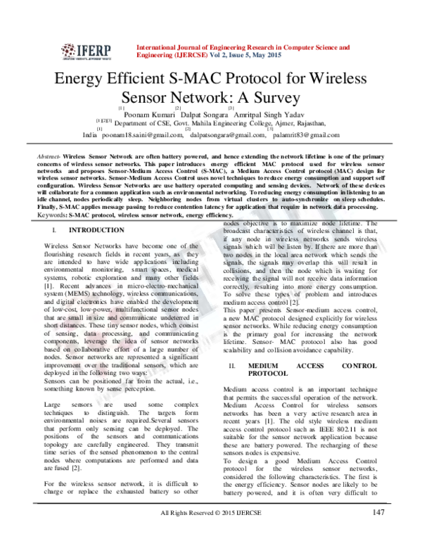 (PDF) Energy Efficient S-MAC Protocol for Wireless Sensor Network: A Survey