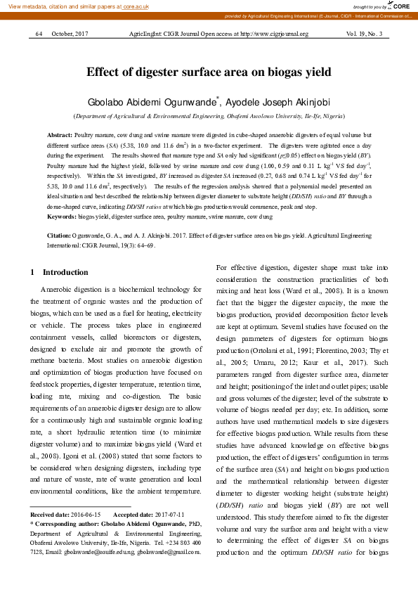 (PDF) Effect of digester surface area on biogas yield