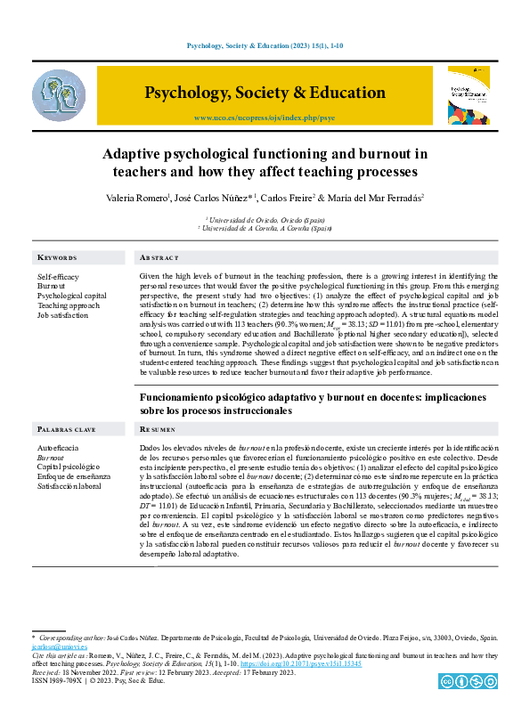(PDF) Adaptive psychological functioning and burnout in teachers and ...