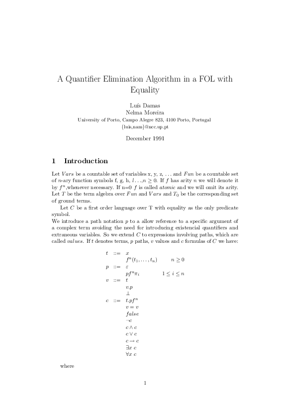 (PDF) A Quantifier Elimination Algorithm in a FOL with Equality