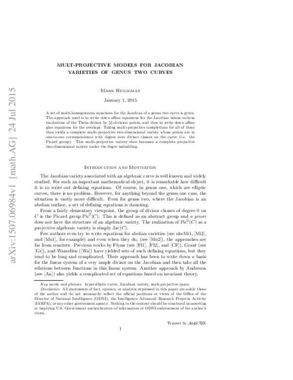 (PDF) Mult-Projective Models for Jacobian Varieties of Genus Two Curves