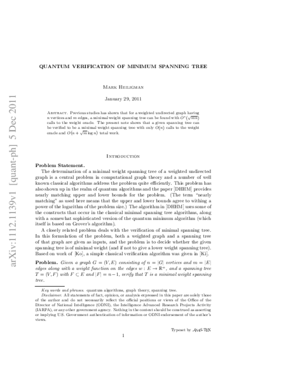 Pdf Quantum Verification Of Minimum Spanning Tree