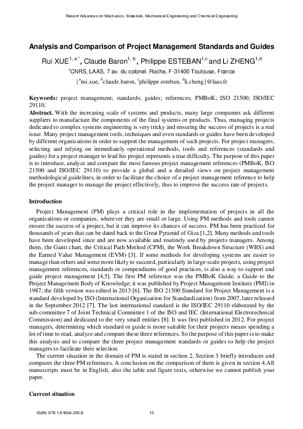 (PDF) Analysis and Comparison of Project Management Standards and Guides