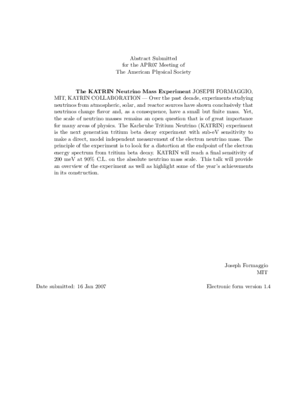 (PDF) The KATRIN Neutrino Mass Experiment