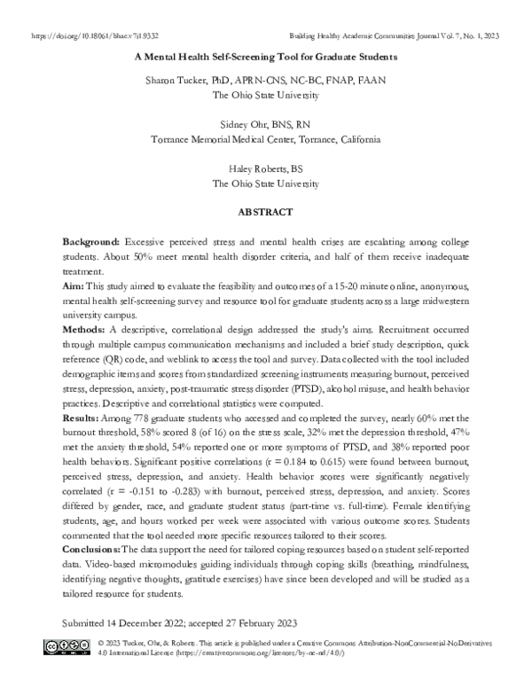(PDF) A Mental Health Self-Screening Tool for Graduate Students